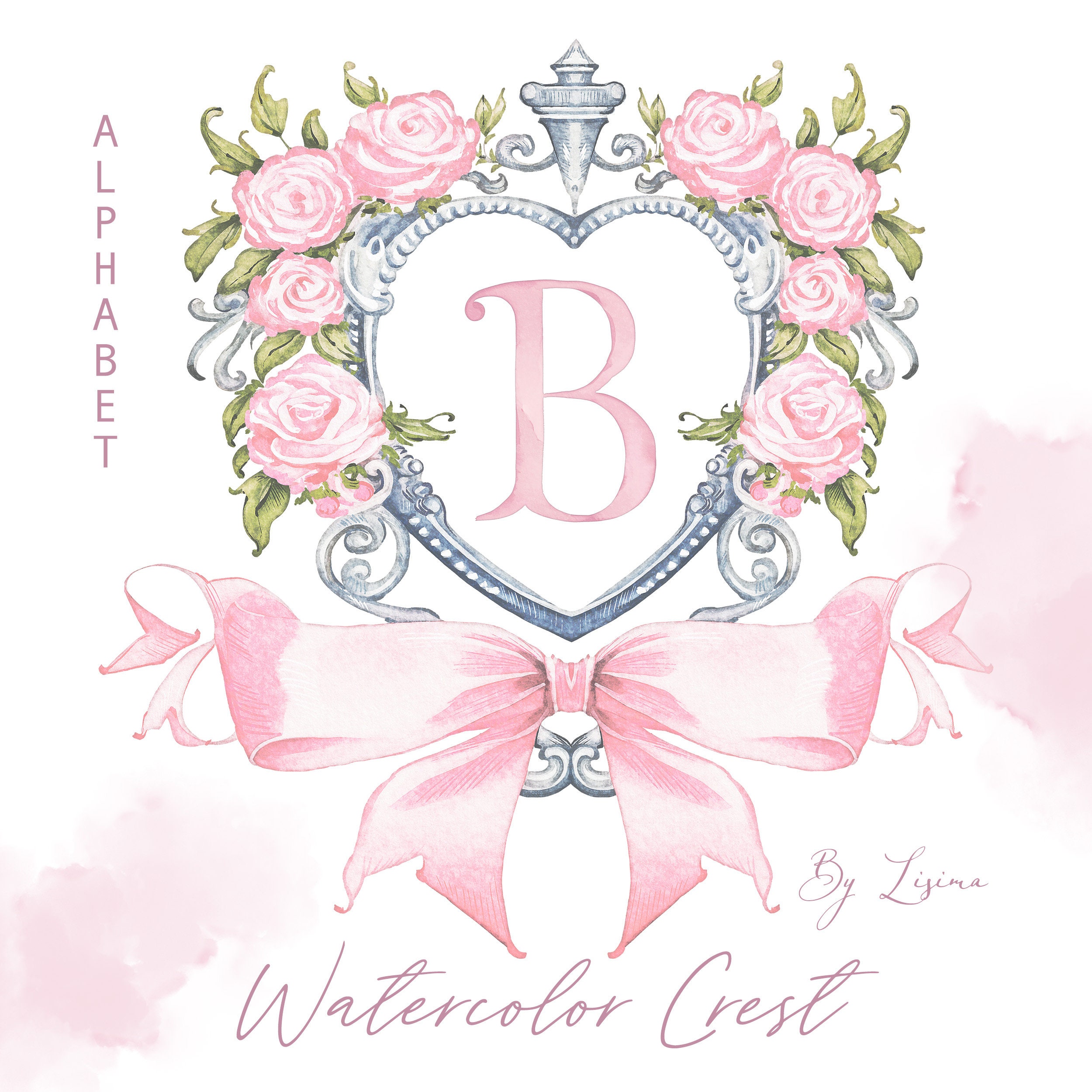 Watercolor Crest Baby Shower Wedding Pink Crown and Little Flowers Bow ...