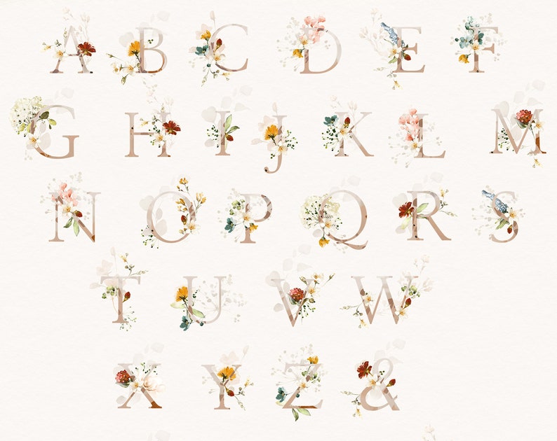 Watercolor Floral Alphabet With Pink Roses Wildflower Numbers - Etsy