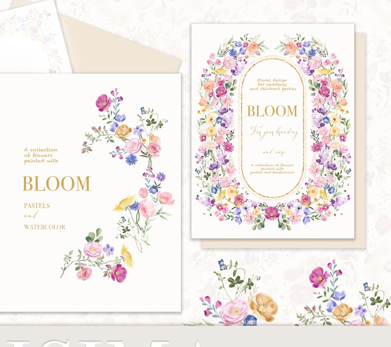BLOOM Wedding Clip Art, Frame, Crest With Roses, Colorful Wildflowers ...