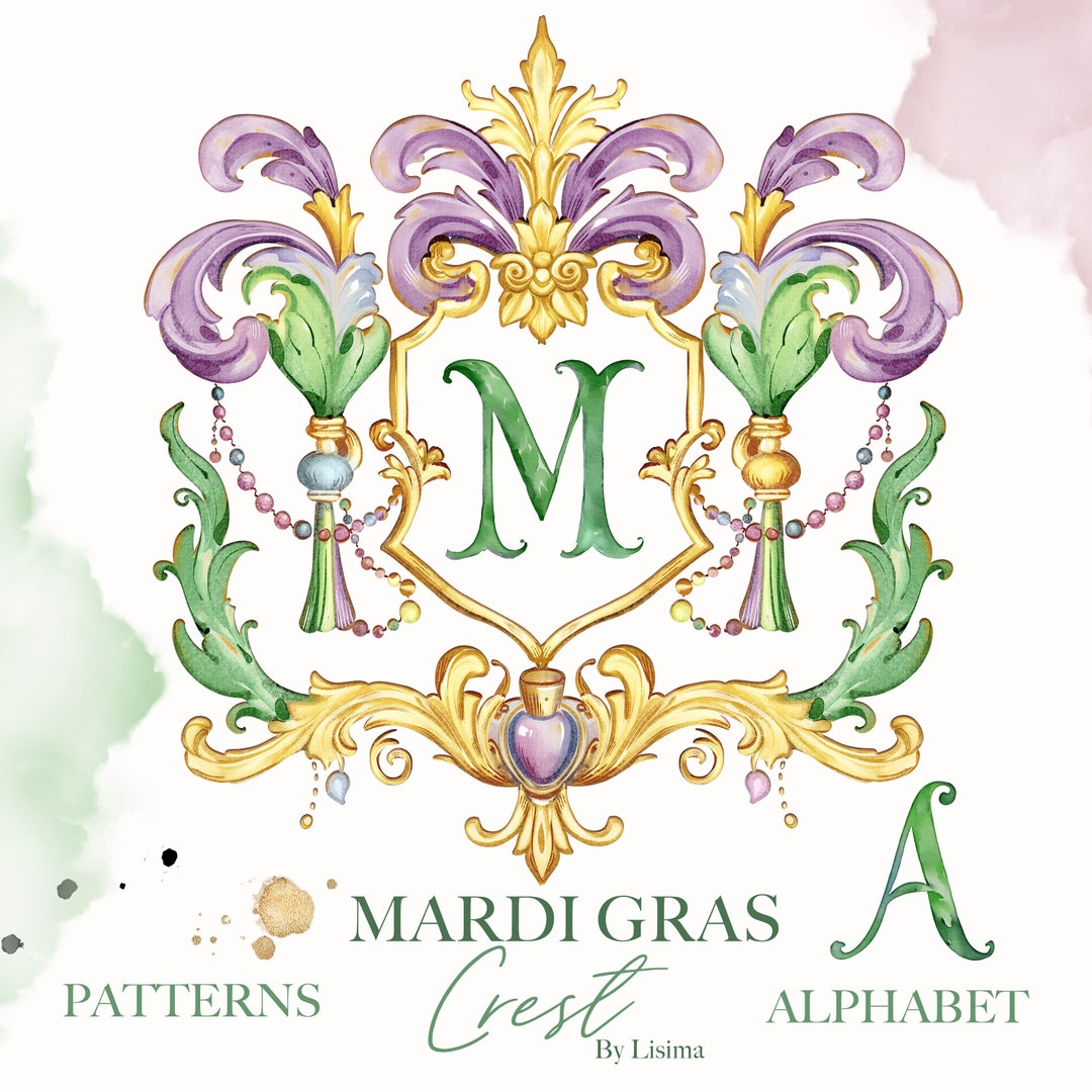 Mardi Gras Watercolor Crest Alphabet Hand Painted New Orleans Clipart ...