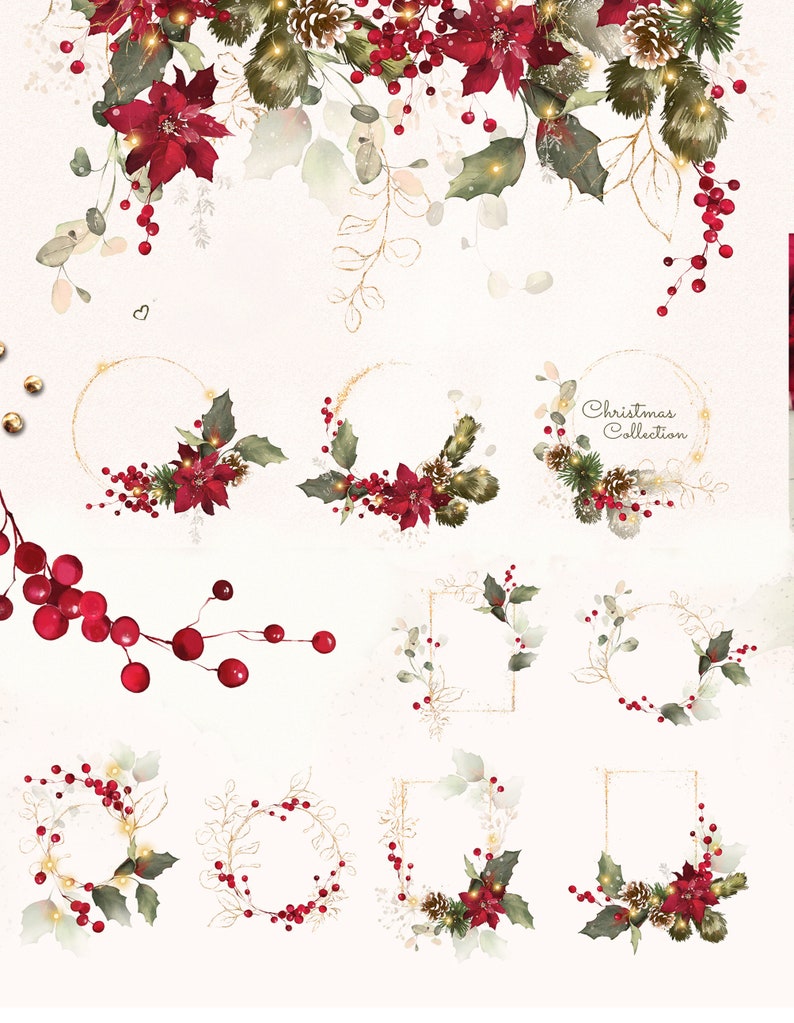 Christmas Clip Art Snow PNG Gold Garland Cards Watercolor - Etsy
