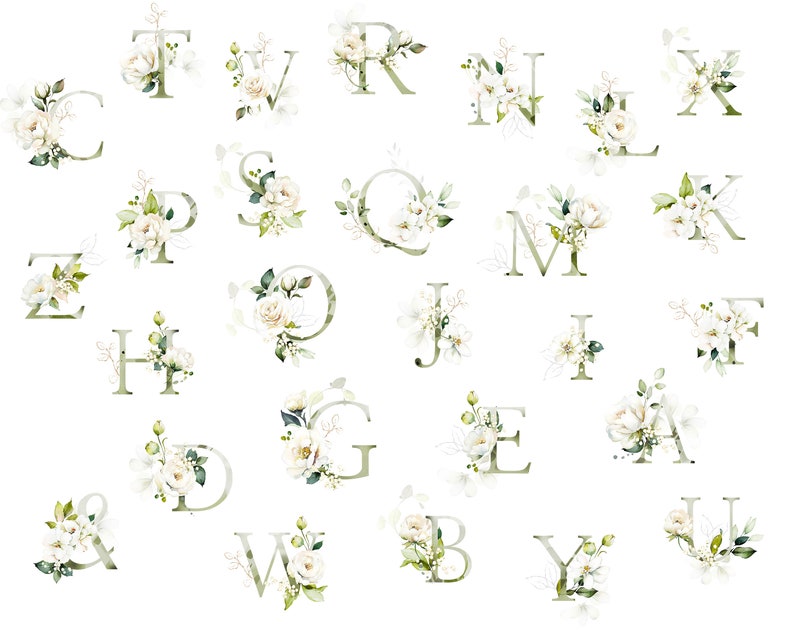 Herbal Alphabet With Green Bouquetsand White Roses PNG - Etsy