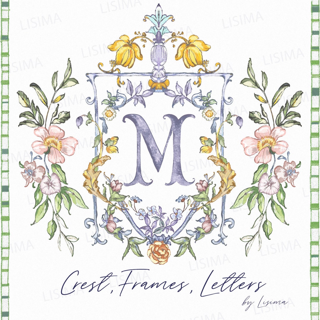 Watercolor Crest Wedding Green, Botanical Vintage, Grand Millennial ...