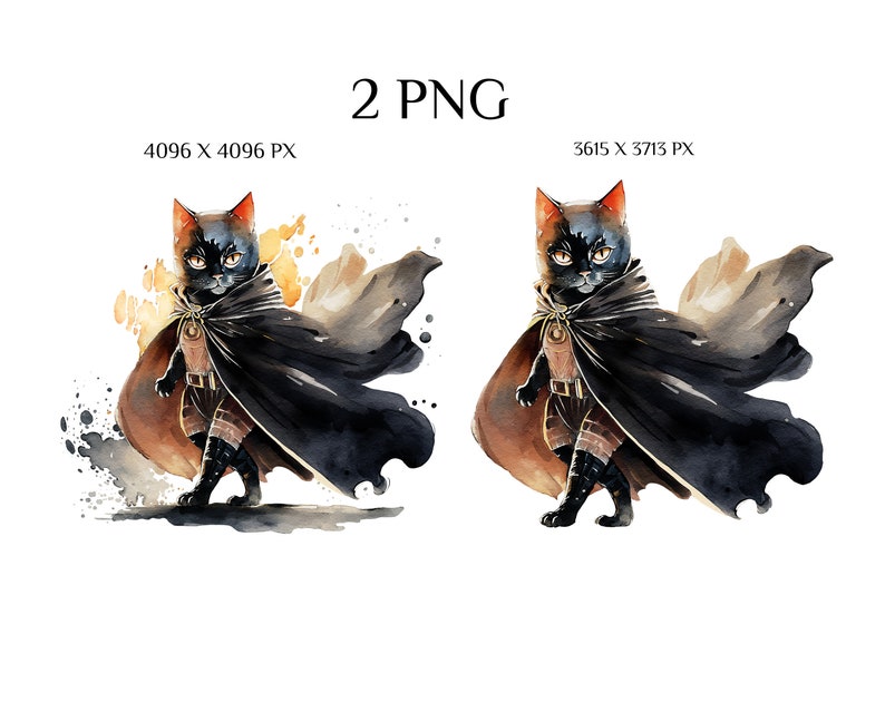 Cartoon Super Cat Character With a Black Coat Watercolor PNG - Etsy