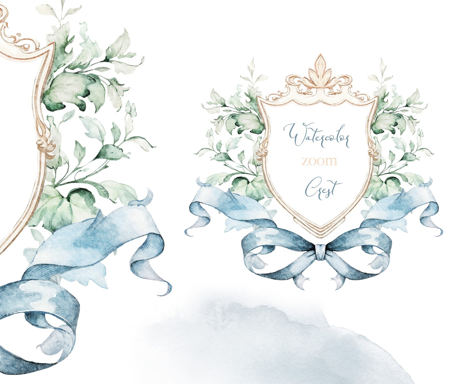 Watercolor Crest Wedding Blue Bow, Gold Vintage, Grand Millennial ...