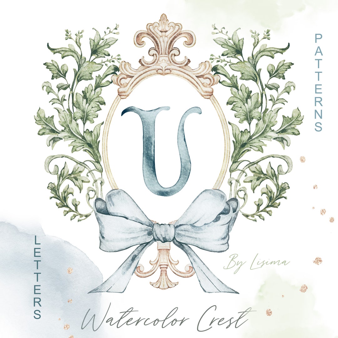 Watercolor Crest Wedding Blue Bow, Gold Vintage, Grand Millennial ...