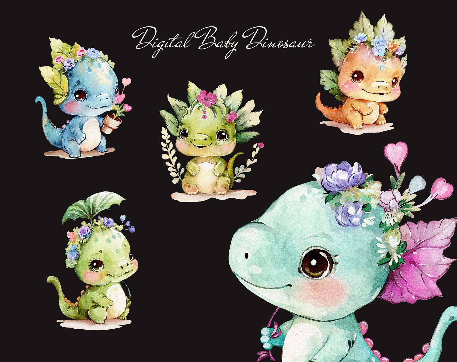 Dinosaurs Watercolor PNG Cute Clipart Baby Animal Nursery - Etsy