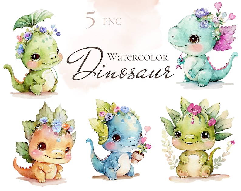 Dinosaurs Watercolor PNG Cute Clipart Baby Animal Nursery - Etsy