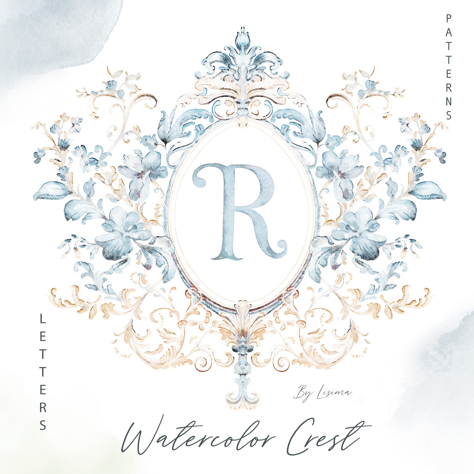 Watercolor Crest Wedding Blue, Gold Vintage, Grand Millennial Delicate ...