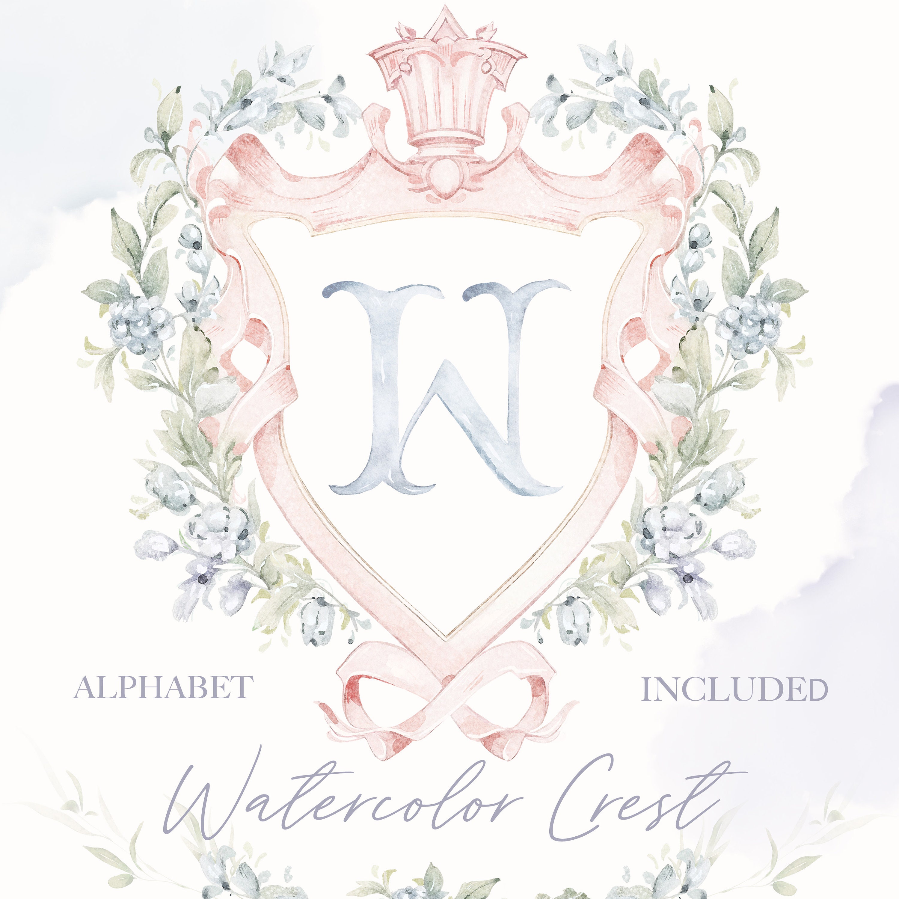 Watercolor Crest Baby Shower Wedding Pink Crown and Little Flowers Bow ...