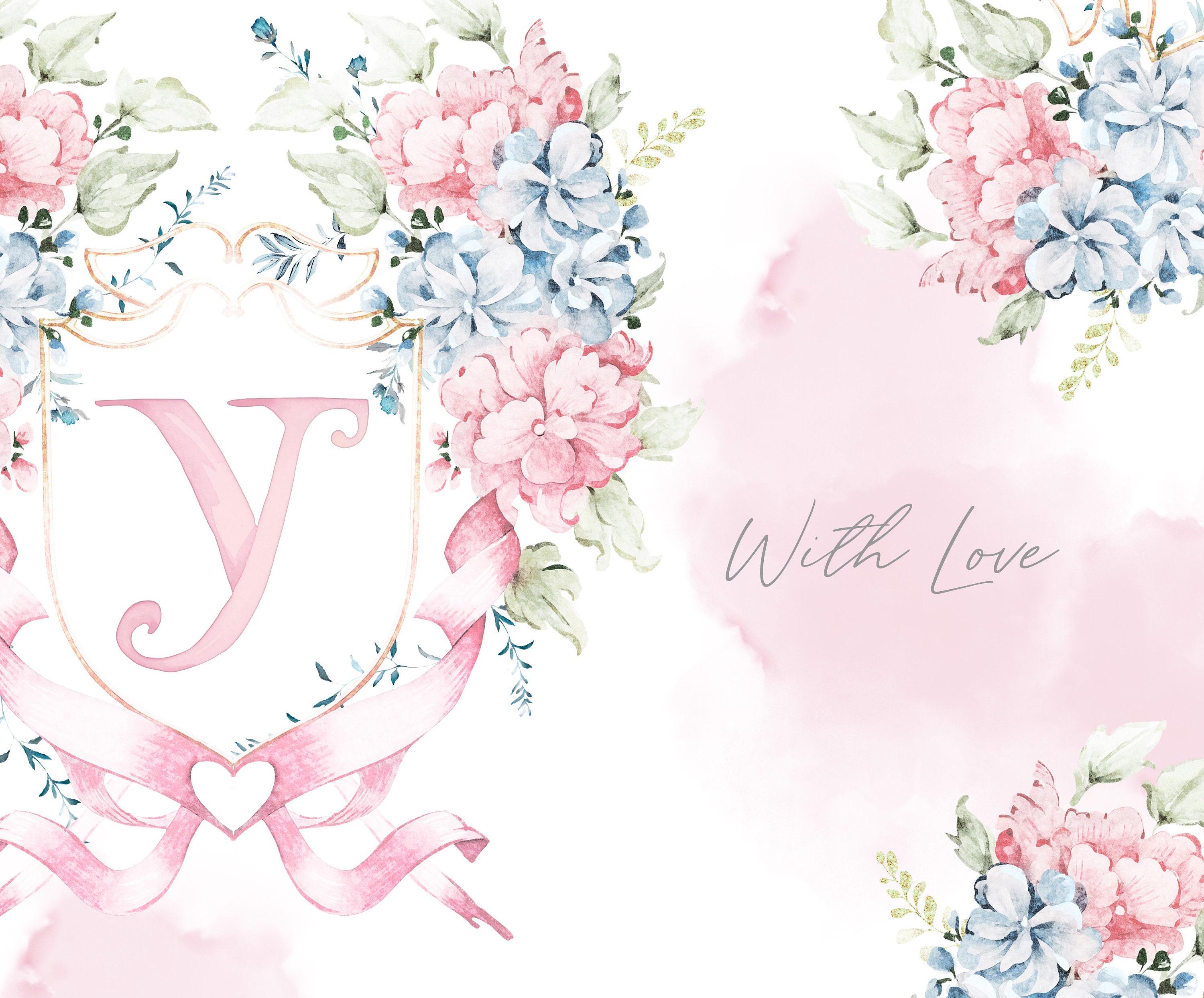 Watercolor Crest Wedding Pink Bow, Gold Vintage, Grand Millennial ...