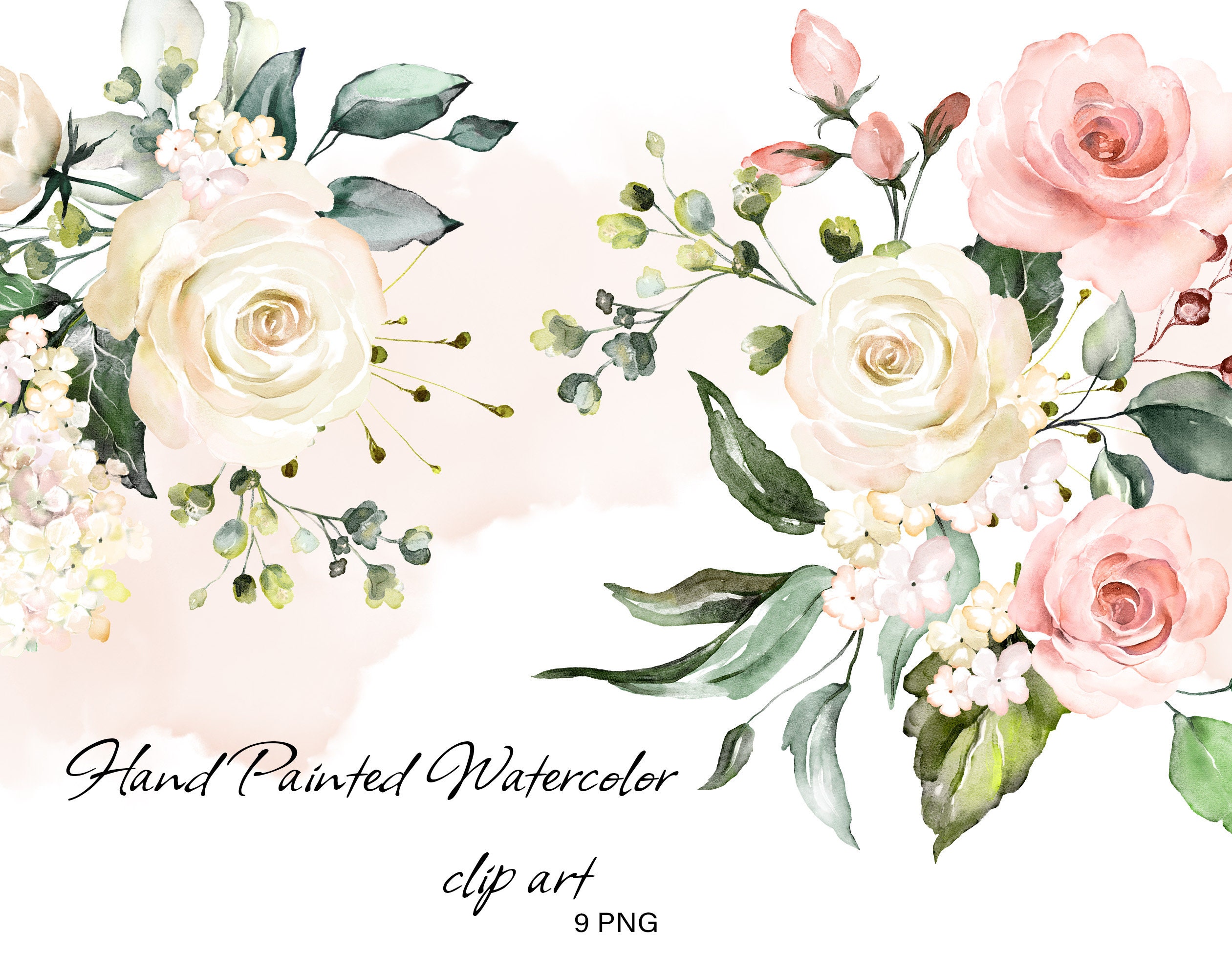 Watercolor Pink Roses Bouquets PNG Clipart Wedding Digital - Etsy