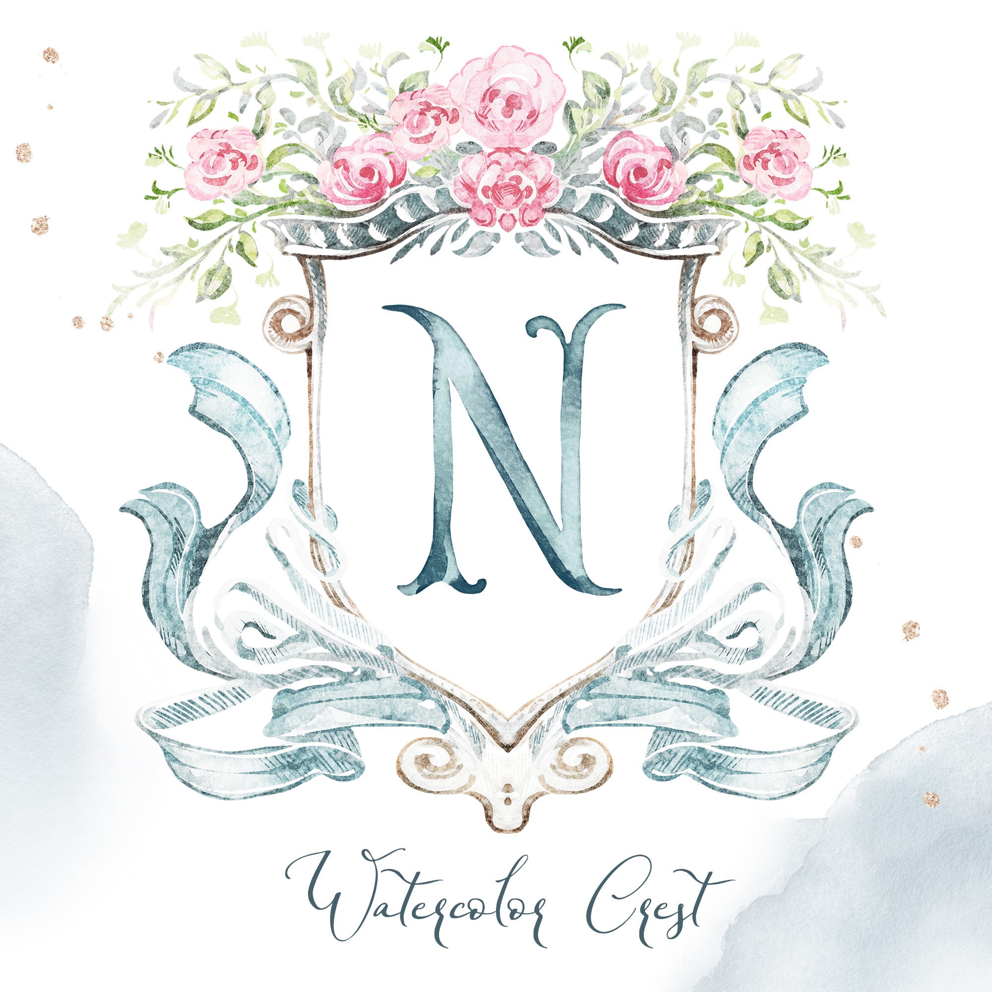 Watercolor Crest Baby Shower Wedding Pink and Little Flowers Bow Grand ...