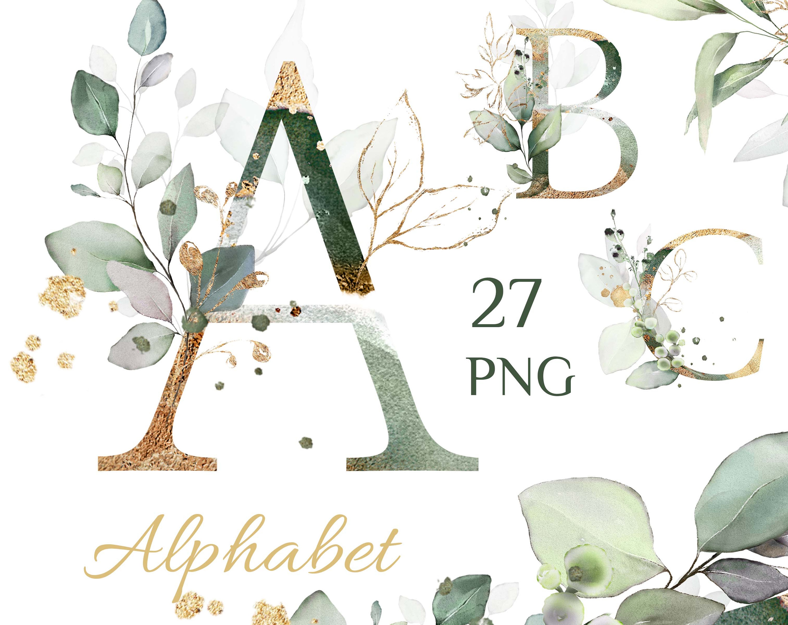 Herbal Alphabet With Green and Gold Bouquets PNG Clipart, Wedding ...