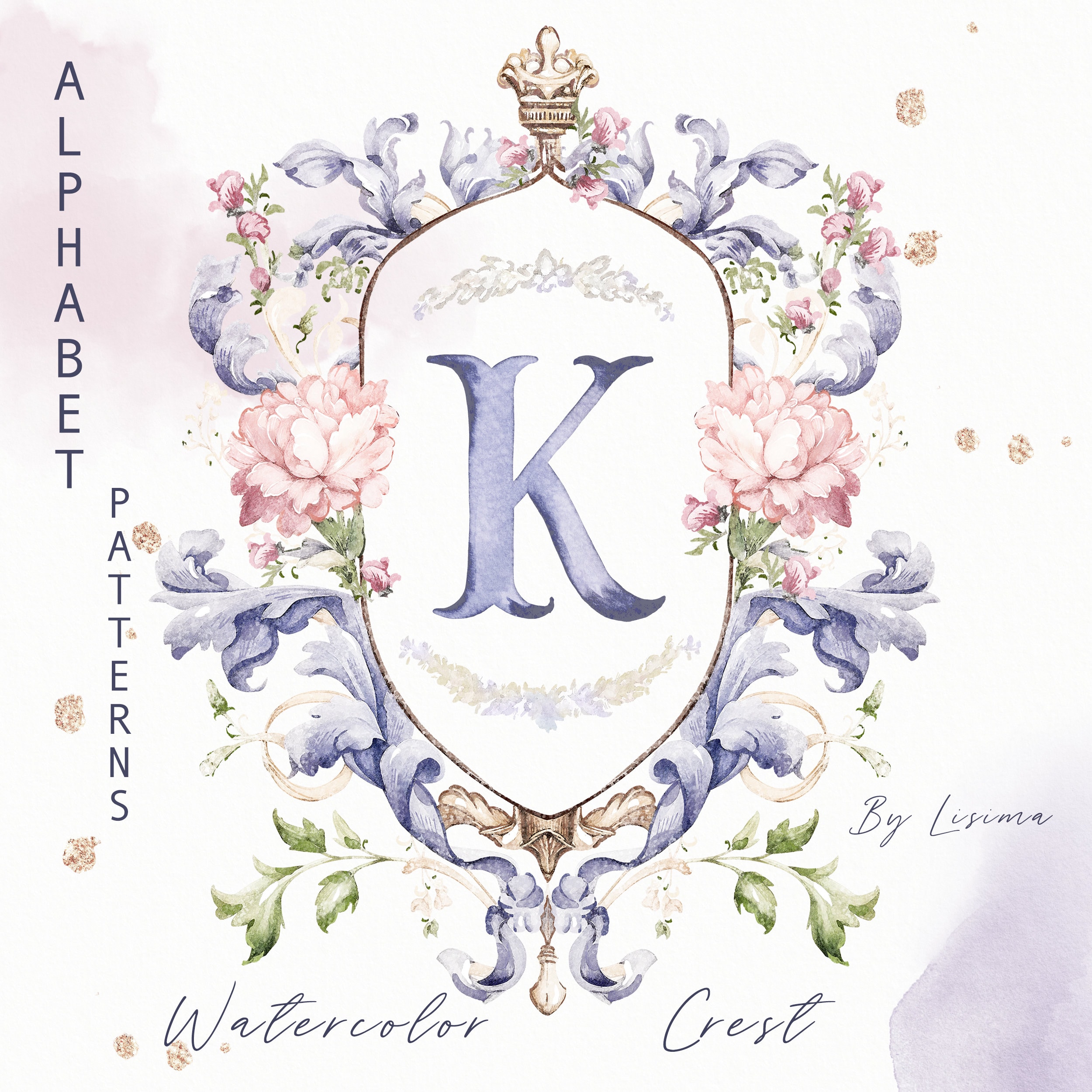 Watercolor Crest Baby Shower Wedding Lilac Crown and Little Flowers Bow ...