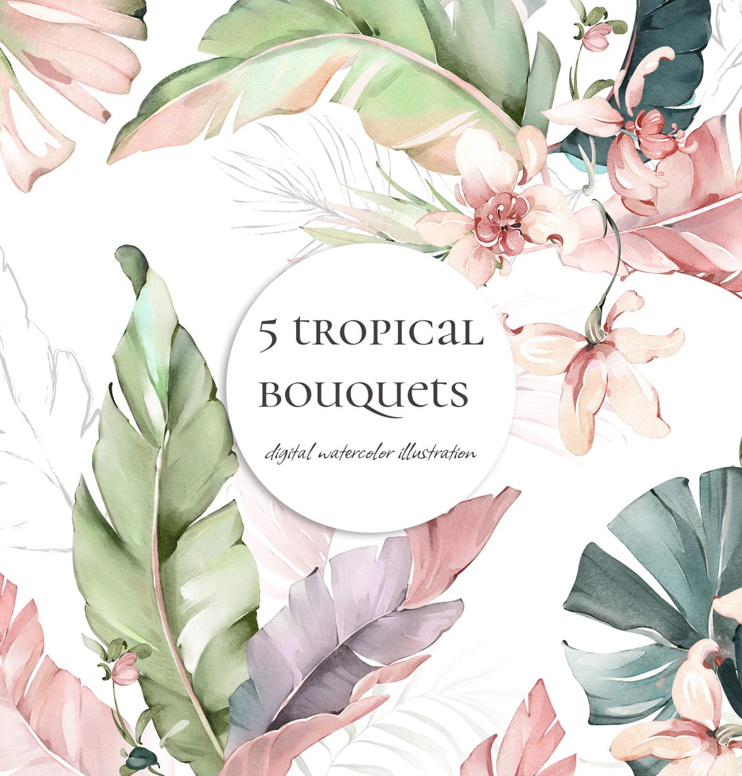 Watercolor Tropical Clipart, Exotic Flowers Clipart - Watercolor Banana ...