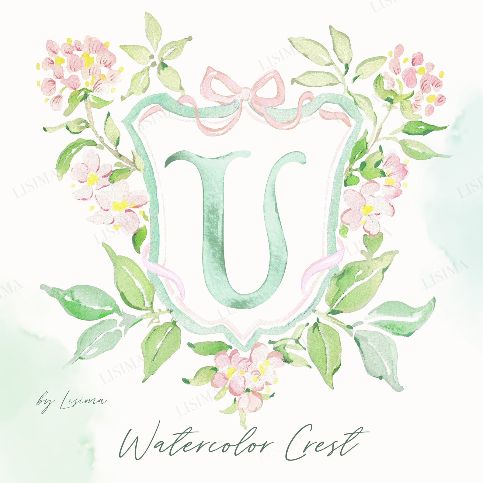 Watercolor Crest Green and Pink, Grand Millennial Delicate DIY Digital ...