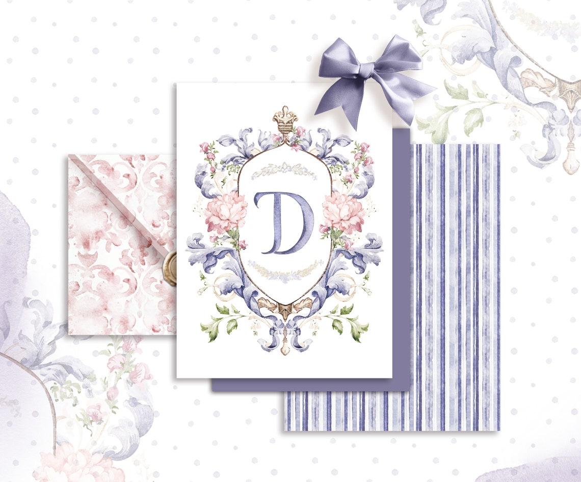 Watercolor Crest Baby Shower Wedding Lilac Crown and Little Flowers Bow ...