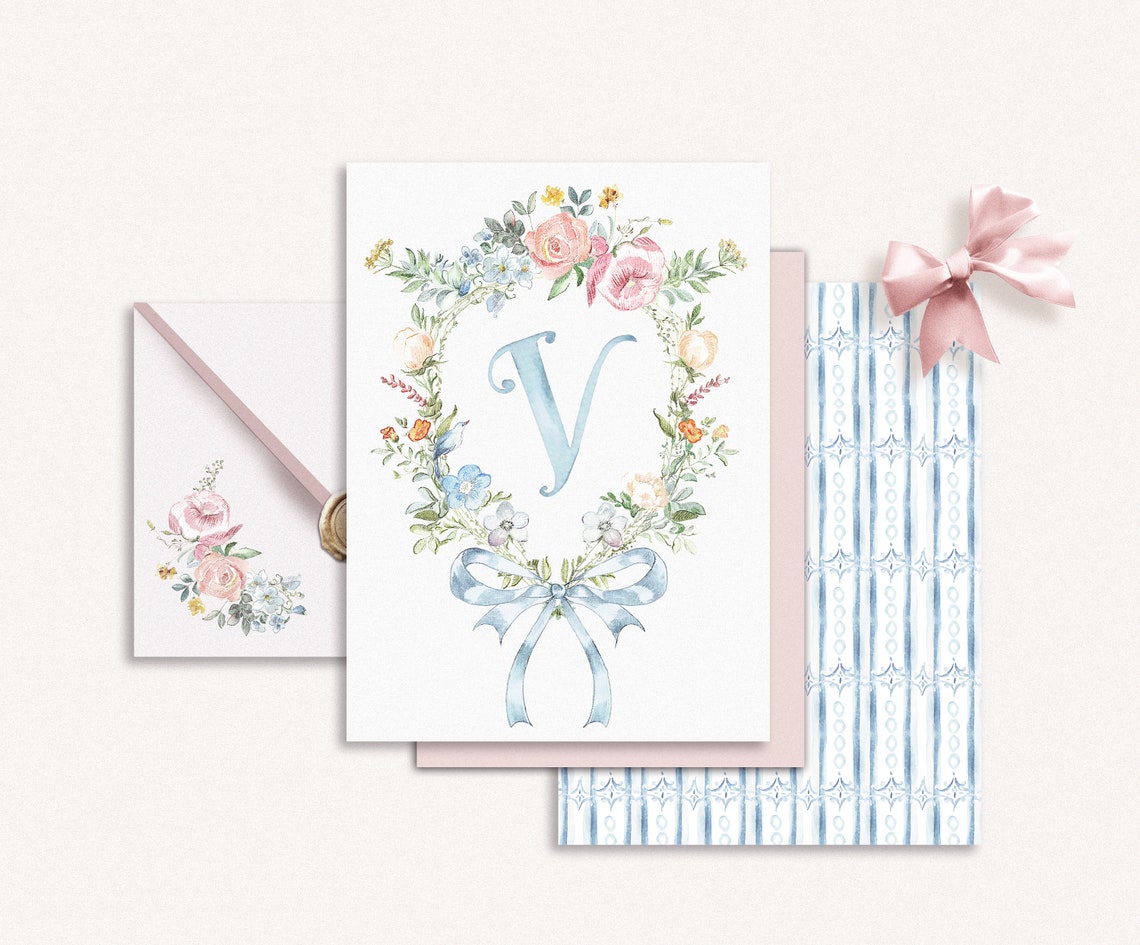 Watercolor Crest Wedding Blue Bow, Gold Vintage, Grand Millennial ...