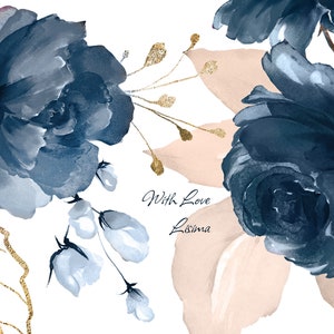 Watercolor Flower Navy Blue Roses, Floral Garden Bouquets PNG Clipart ...