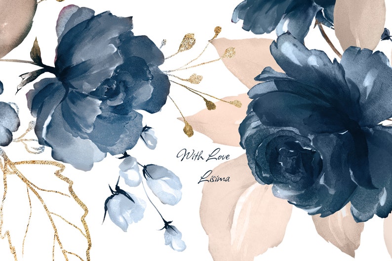 Watercolor Flower Navy Blue Roses Floral Garden Bouquets PNG - Etsy