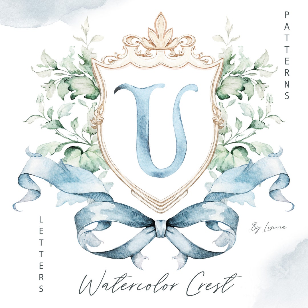 Watercolor Crest Wedding Blue Bow, Gold Vintage, Grand Millennial ...