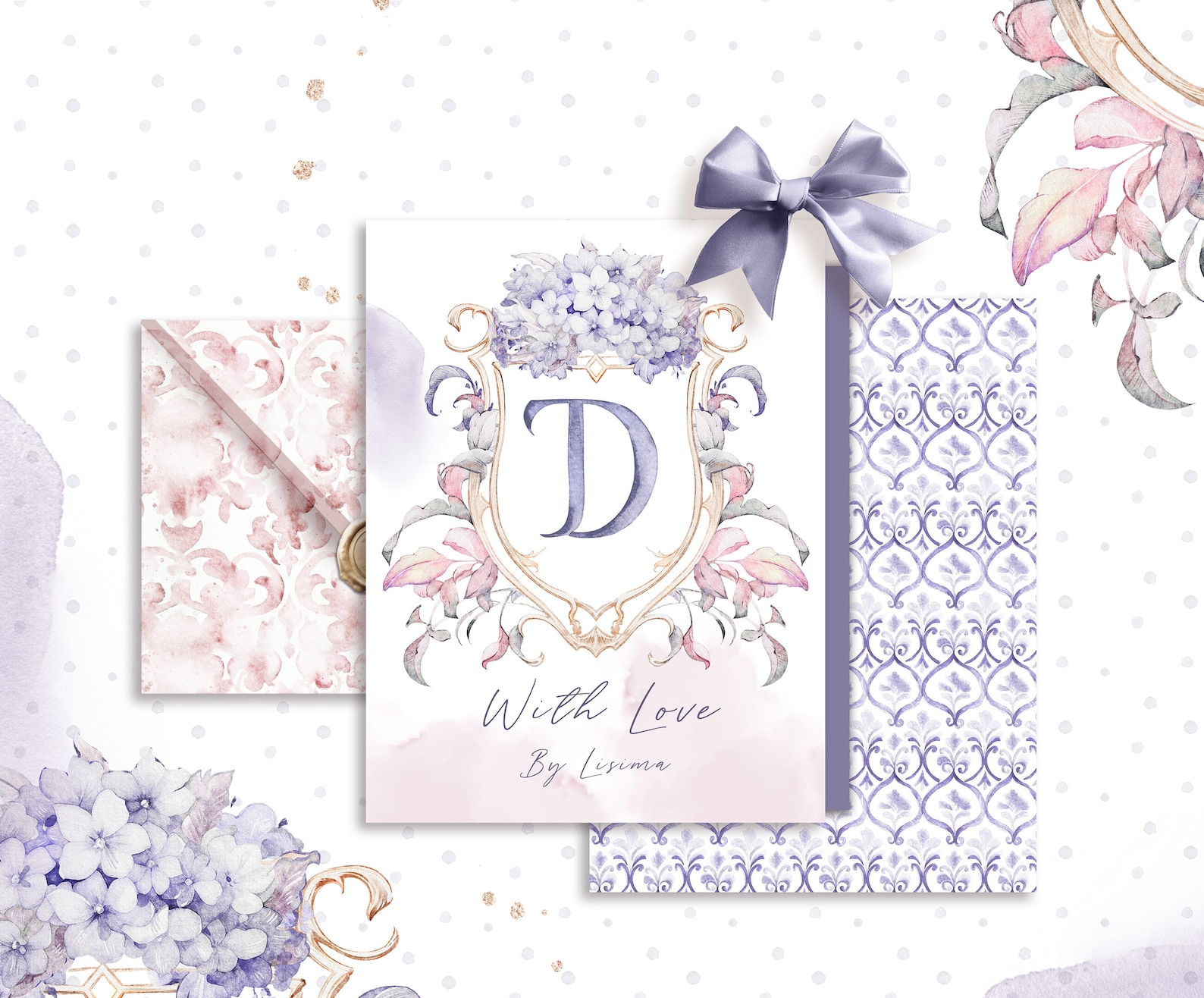 Watercolor Crest Baby Shower Wedding Lilac Crown and Little Flowers Bow ...