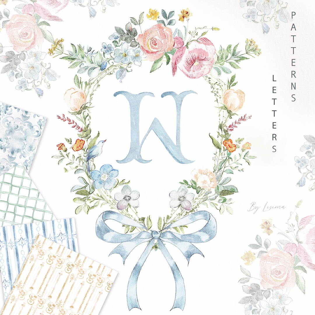 Watercolor Crest Wedding Blue Bow, Gold Vintage, Grand Millennial ...