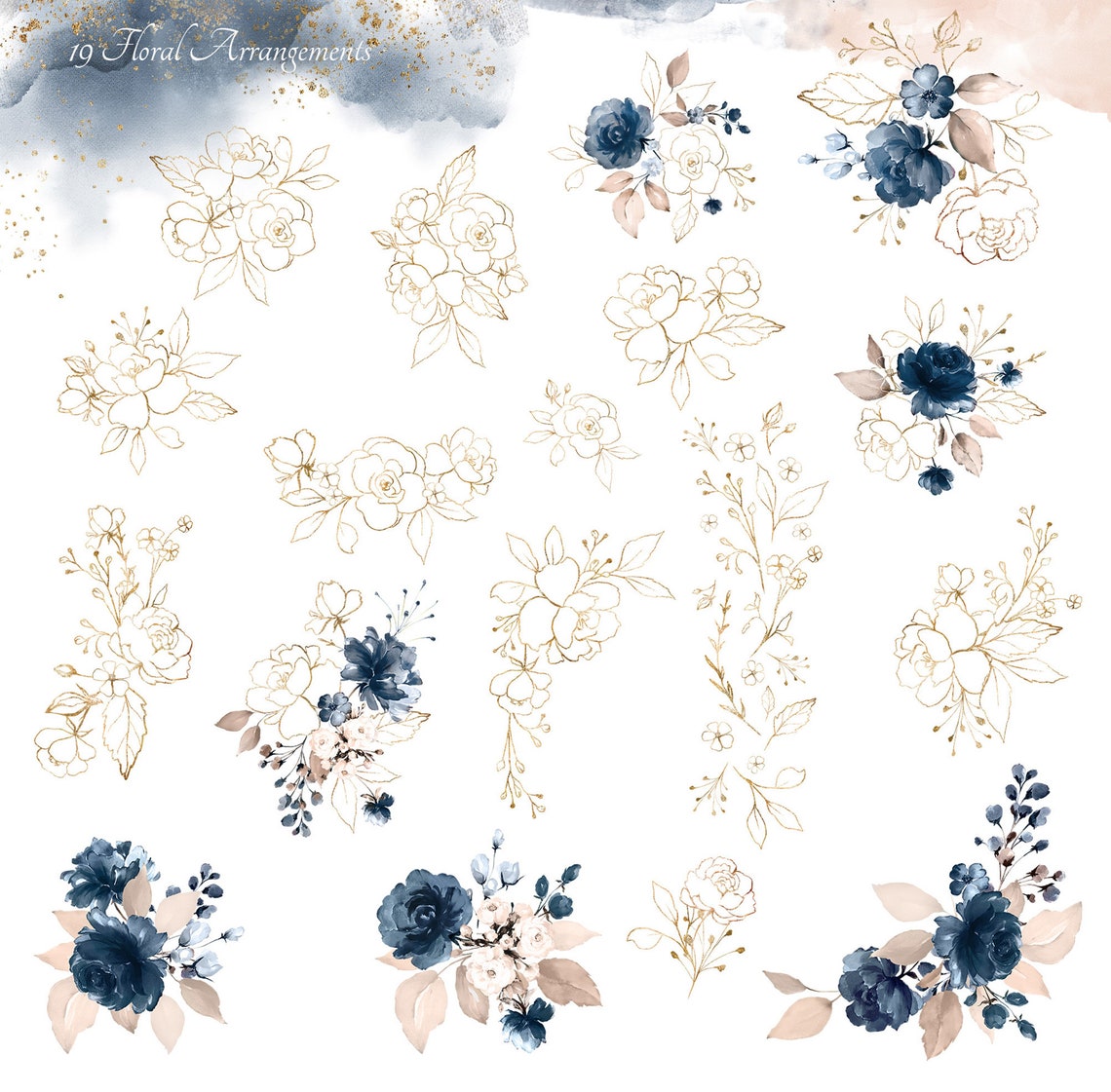 Watercolor Flower Navy Blue Roses Floral Garden Bouquets PNG - Etsy