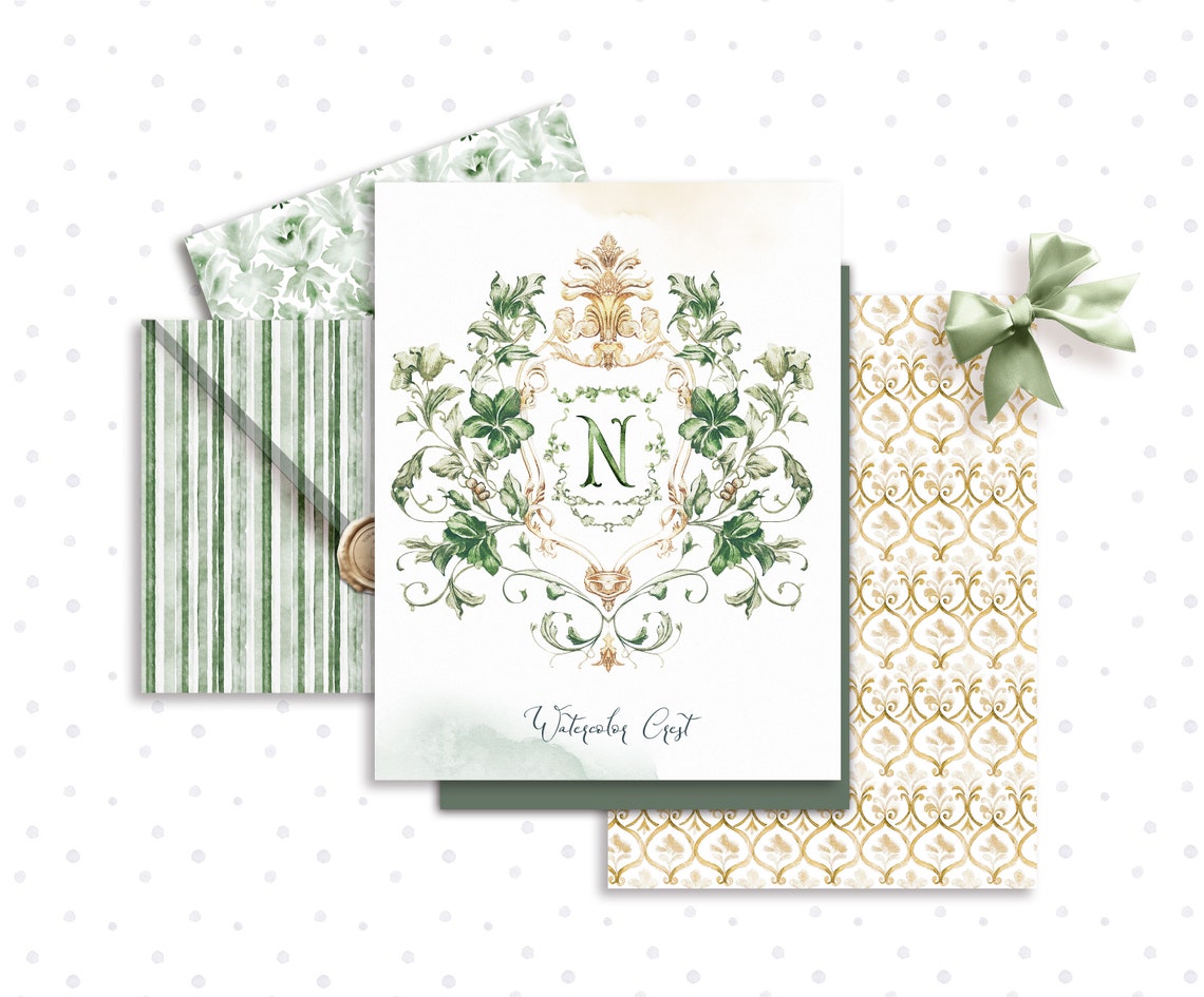 Watercolor Crest Wedding Green, Gold Vintage, Grand Millennial Delicate ...