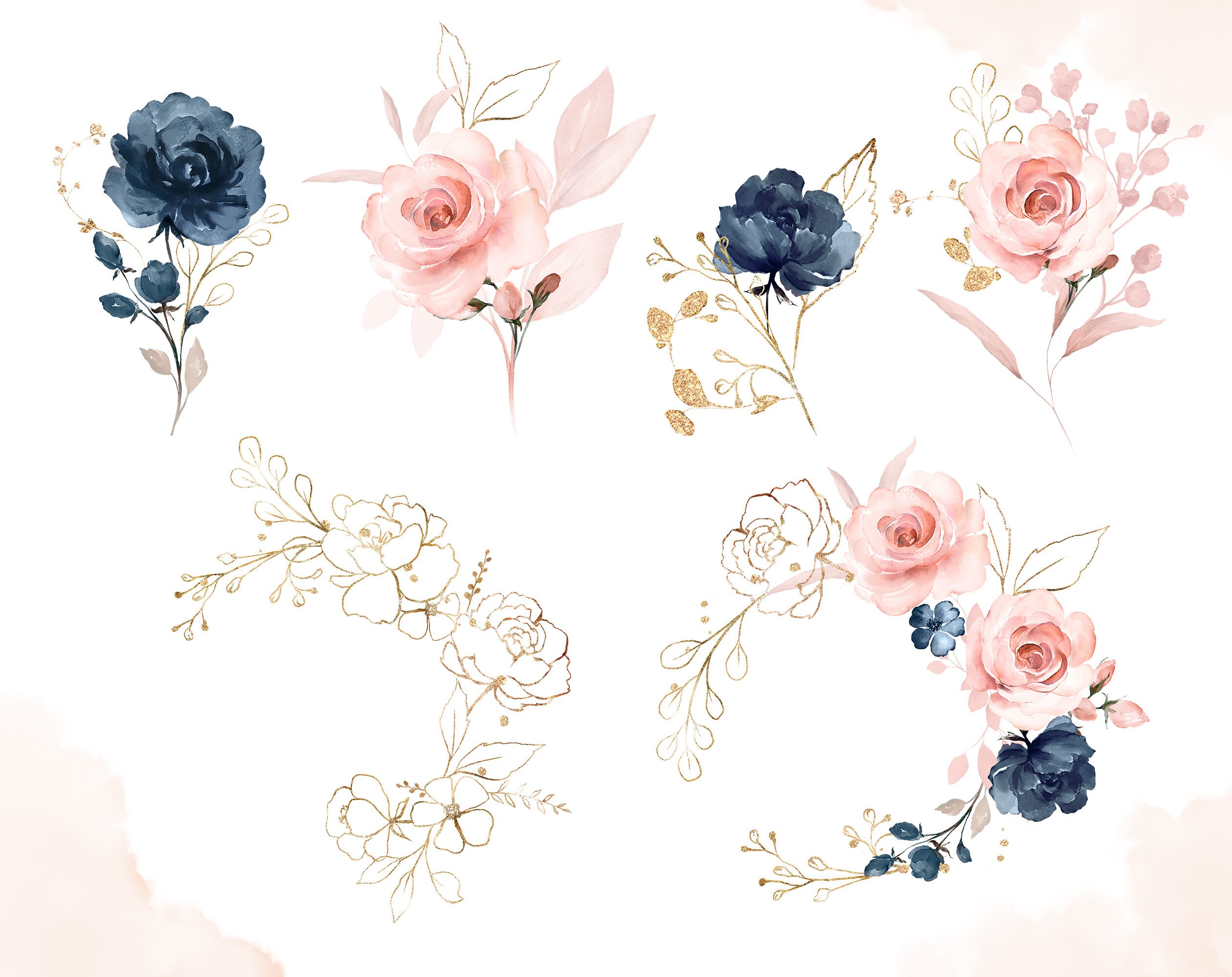 Watercolor Flower Pink Roses Floral Set Bouquets PNG Clipart - Etsy