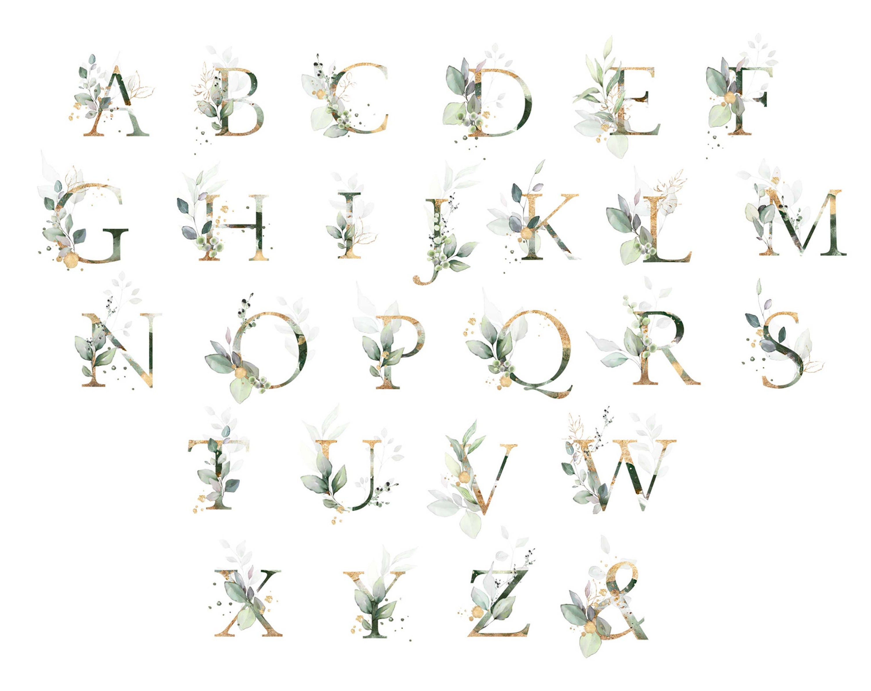 Herbal Alphabet With Green and Gold Bouquets PNG Clipart, Wedding ...