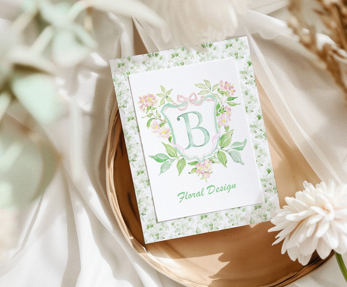 Watercolor Crest Green and Pink, Grand Millennial Delicate DIY Digital ...