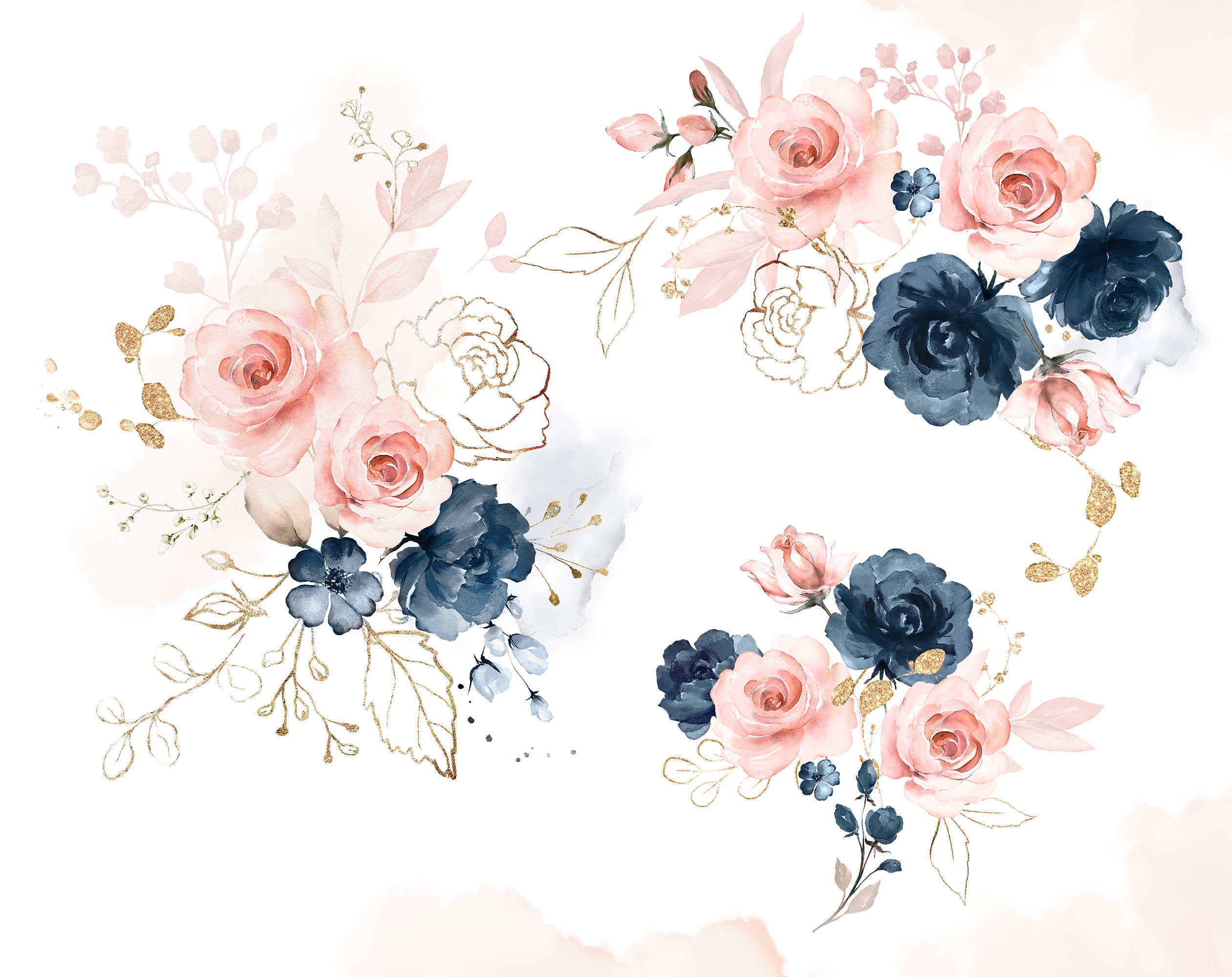 Watercolor Flower Pink Roses Floral Set Bouquets PNG Clipart - Etsy