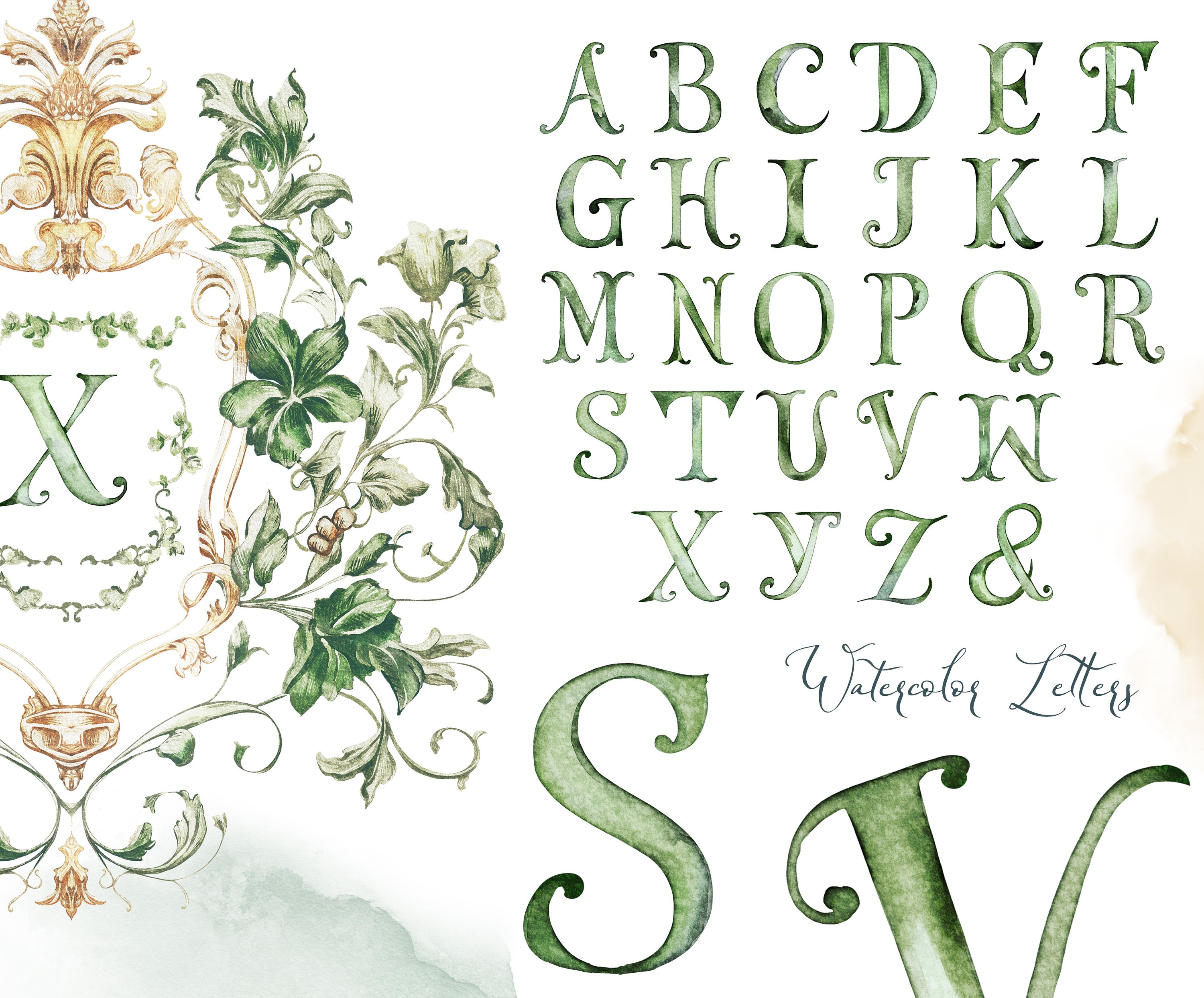 Watercolor Crest Wedding Green, Gold Vintage, Grand Millennial Delicate ...