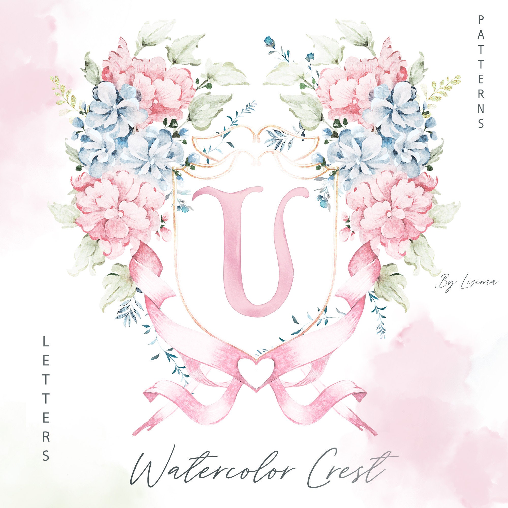 Watercolor Crest Wedding Pink Bow, Gold Vintage, Grand Millennial ...