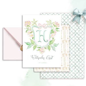 Watercolor Crest Green and Pink, Grand Millennial Delicate DIY Digital ...