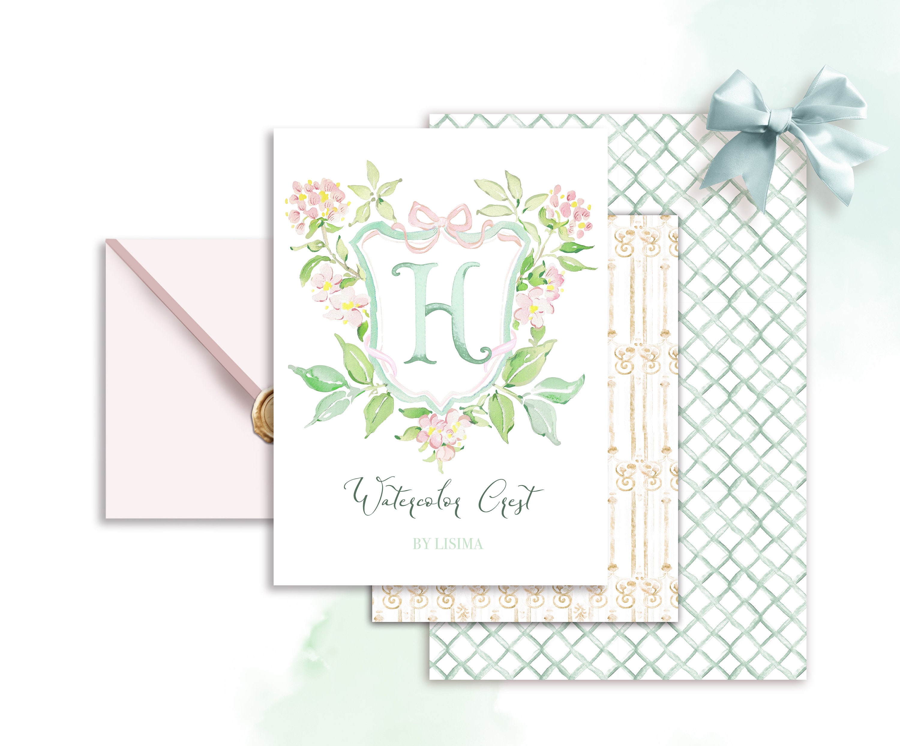 Watercolor Crest Green and Pink, Grand Millennial Delicate DIY Digital ...