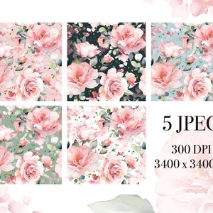Watercolor Floral Seamless Patterns Pink Roses Bouquets Jpeg, Png ...