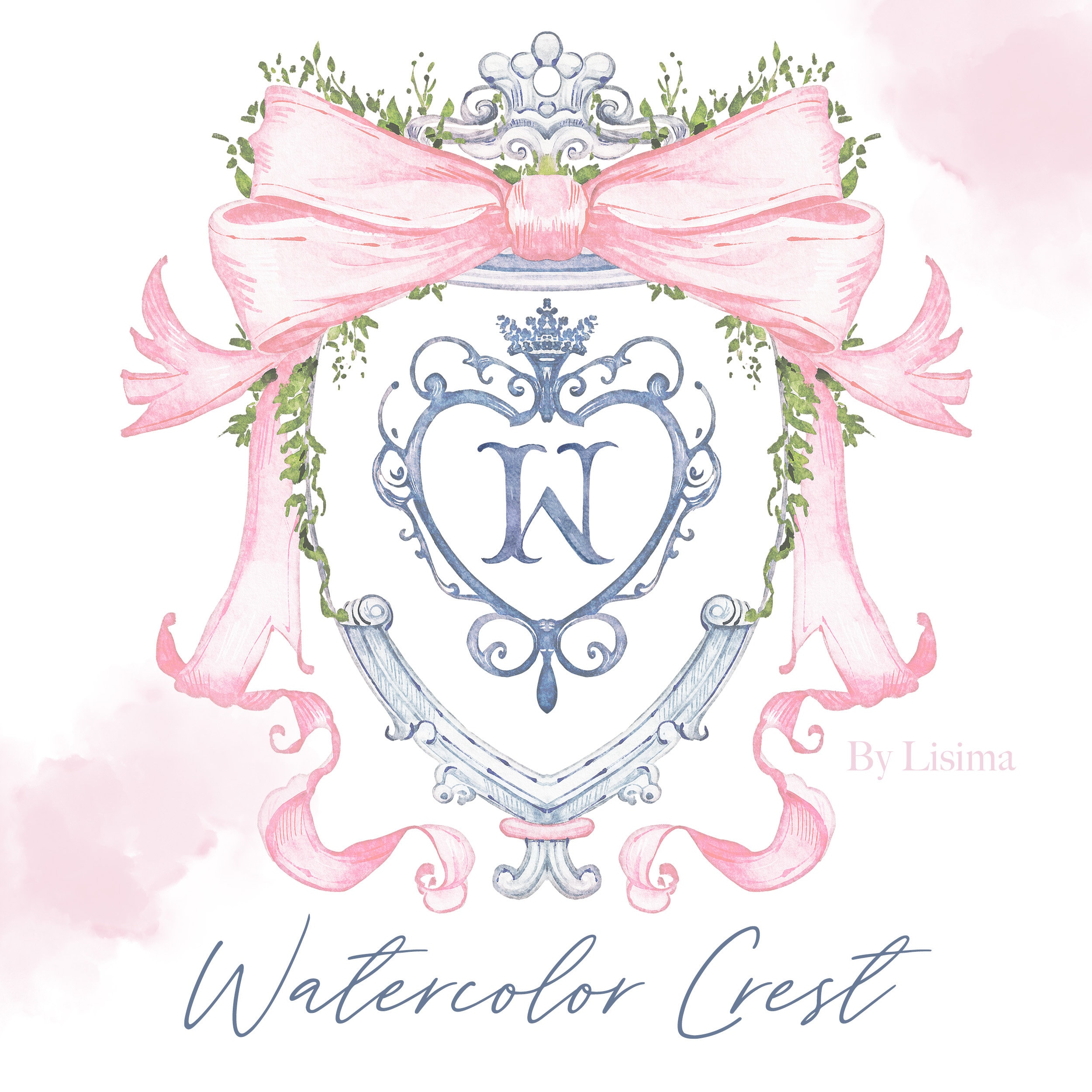 Watercolor Crest Baby Shower Wedding Pink Crown and Little Flowers Bow ...