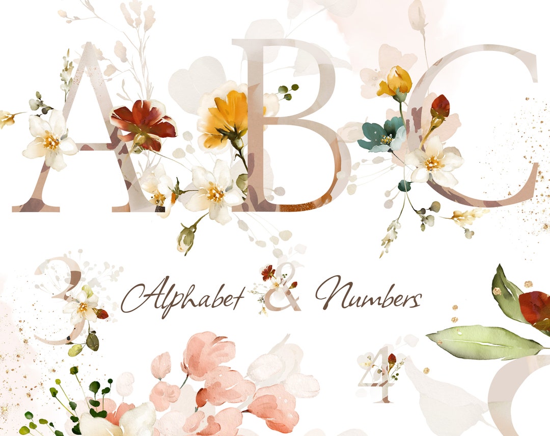 Watercolor Floral Alphabet With Pink Roses Wildflower Numbers With ...