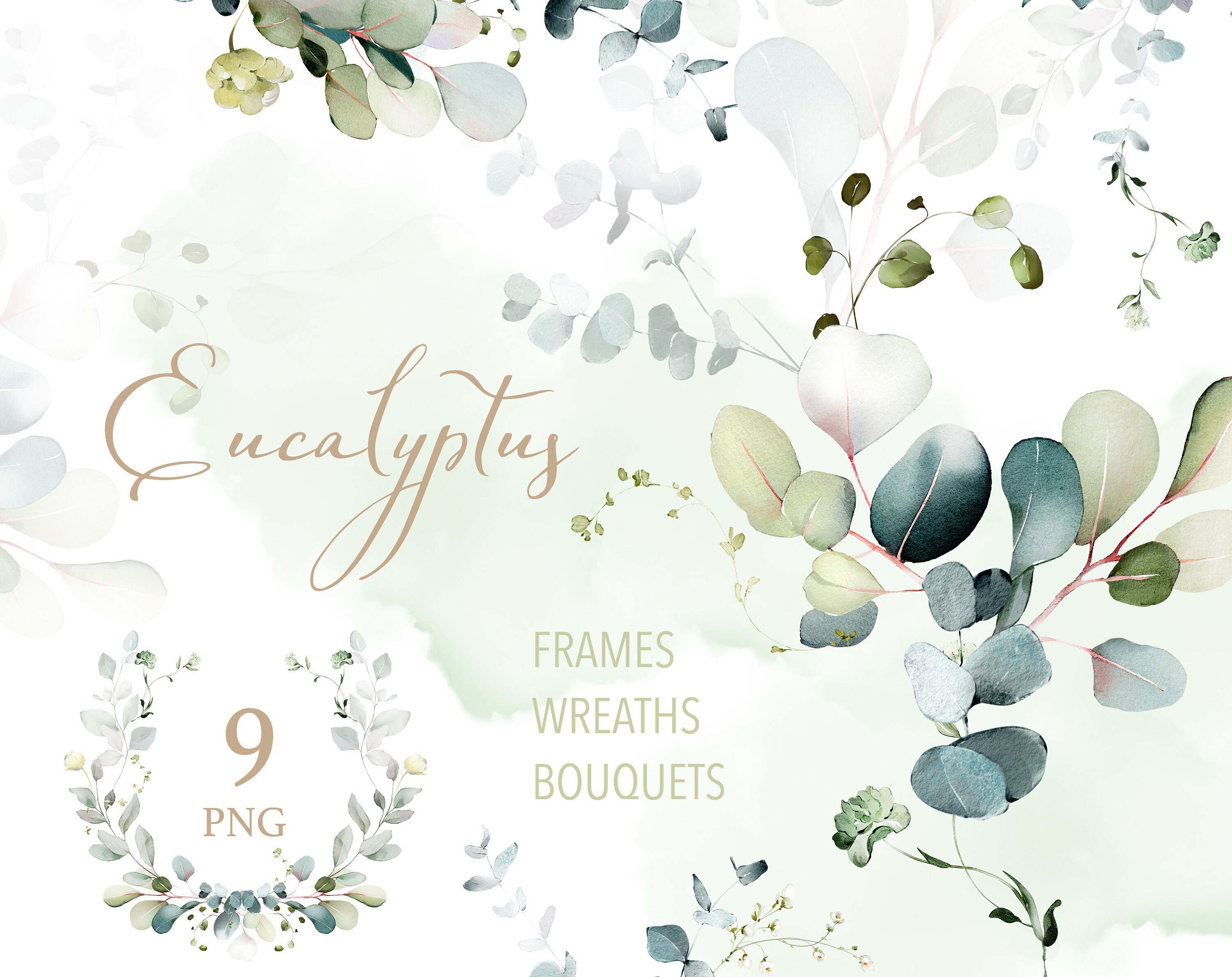 Watercolor Eucalyptus Greenery Bouquets PNG Clipart Set - Etsy