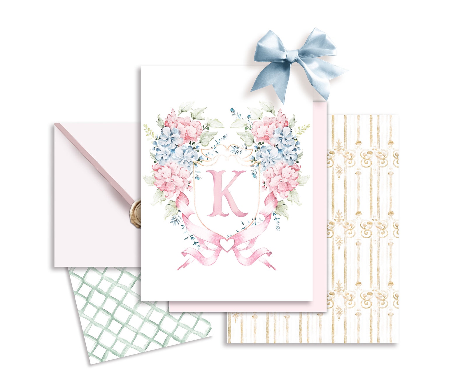 Watercolor Crest Wedding Pink Bow, Gold Vintage, Grand Millennial ...