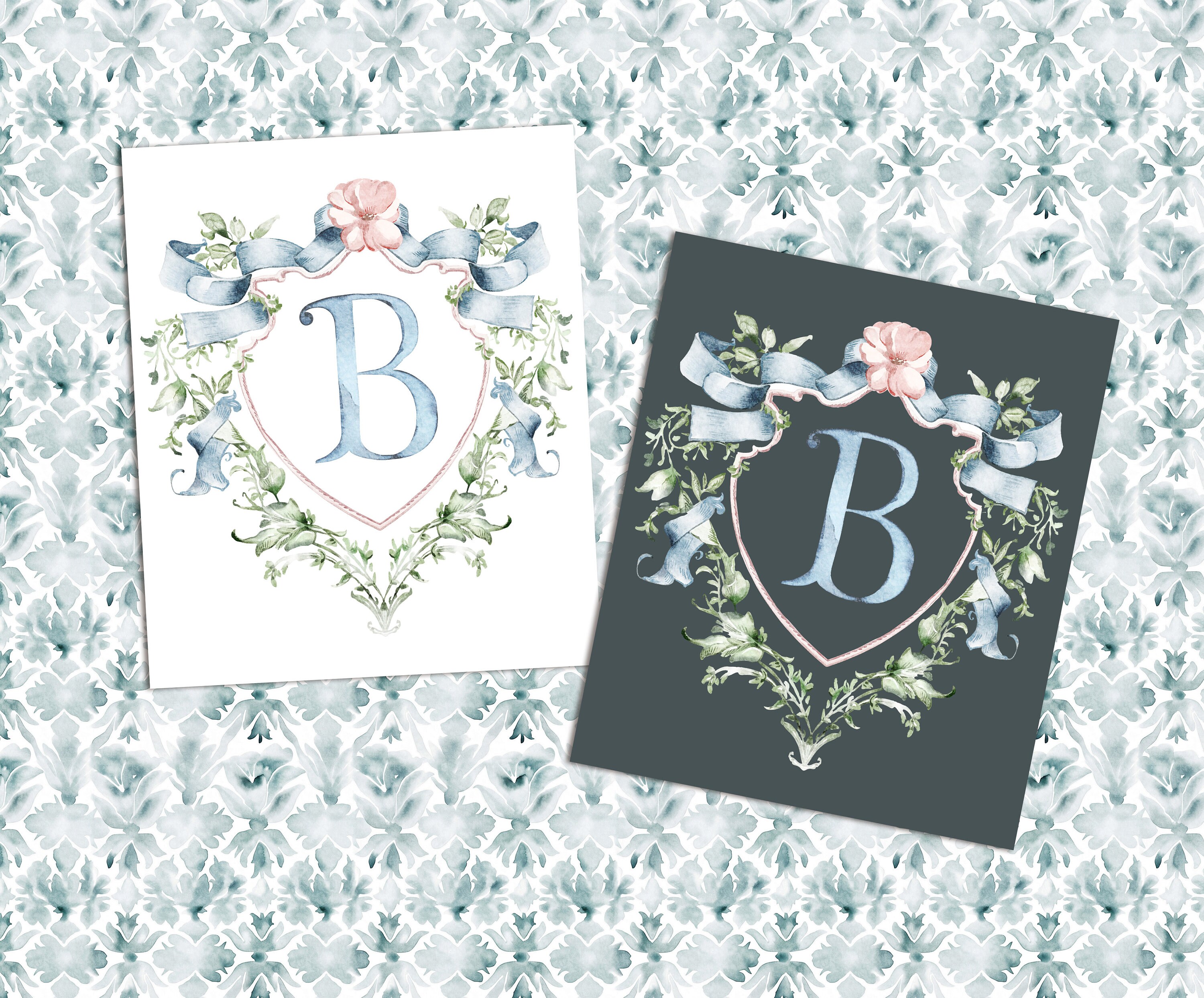 Watercolor Crest Wedding Blue Bow, Gold Vintage, Grand Millennial ...