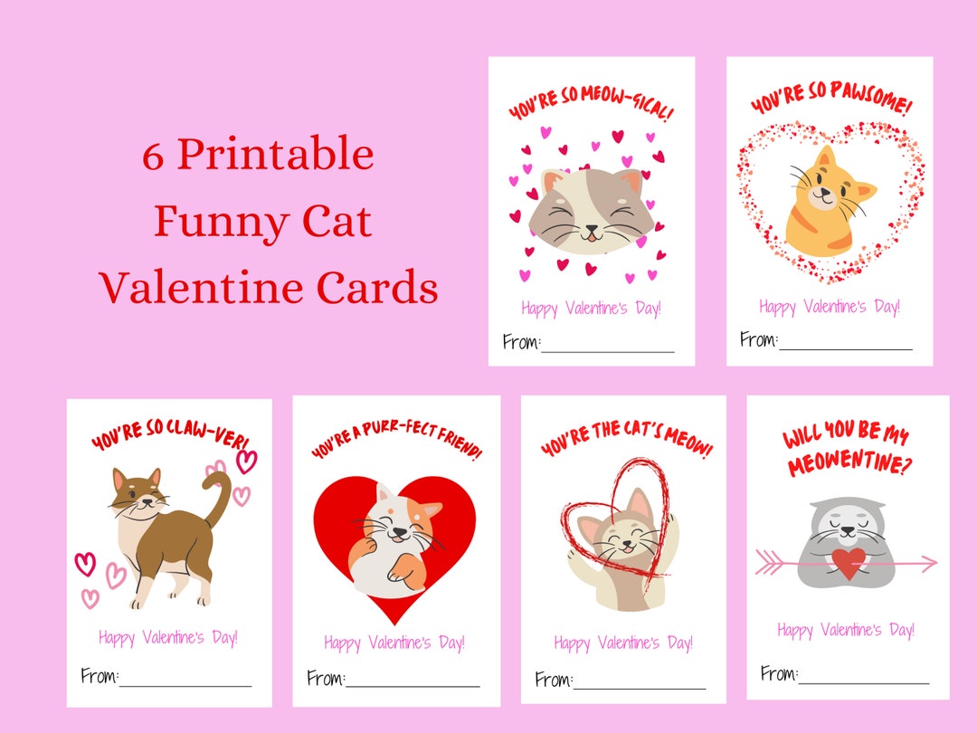 Printable Valentine Cards, DIY, Valentine Cards for Kids, Cat Puns, Cat ...