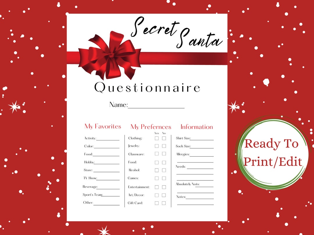 Printable Secret Santa Question Sheet Secret Santa List - Etsy Australia