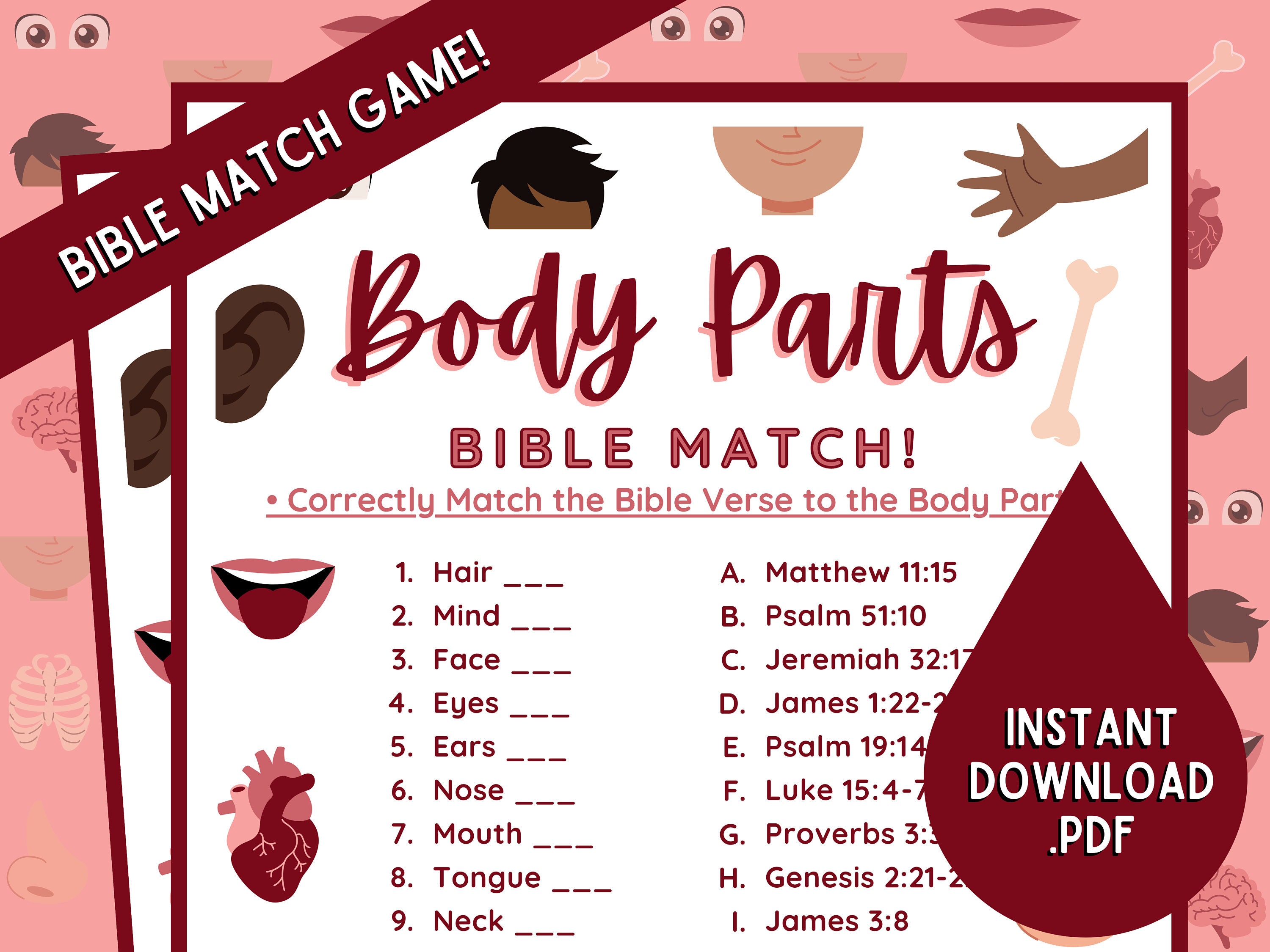 Body Parts Bible Match Game Christian Party Game Christian - Etsy