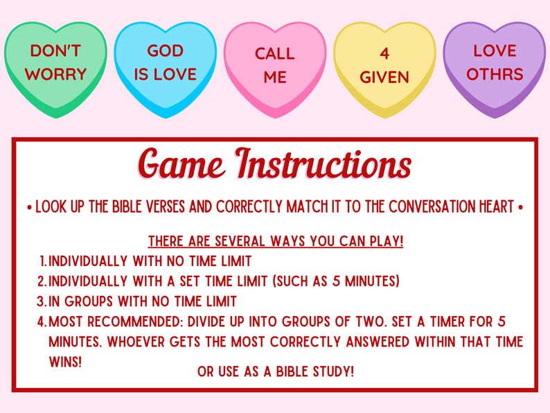 Valentine Bible Match Game: God's Conversation Hearts (PDF Download) - Etsy
