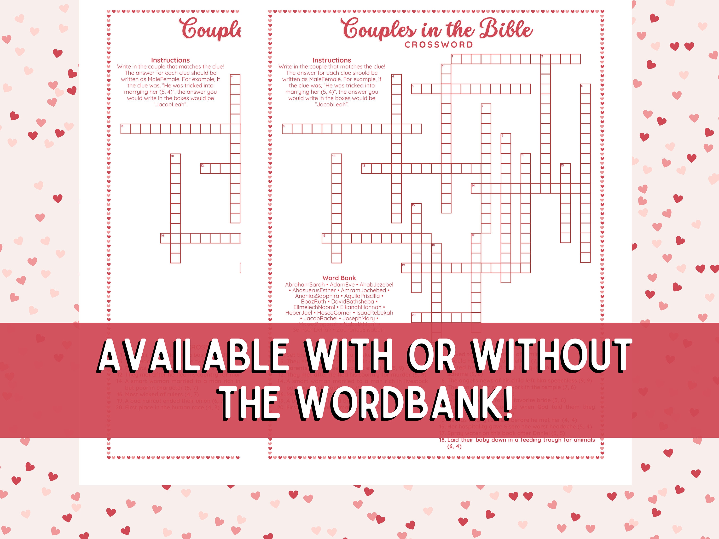 Bible Couples Crossword Puzzle | Valentine Crossword Puzzle | Marriage ...