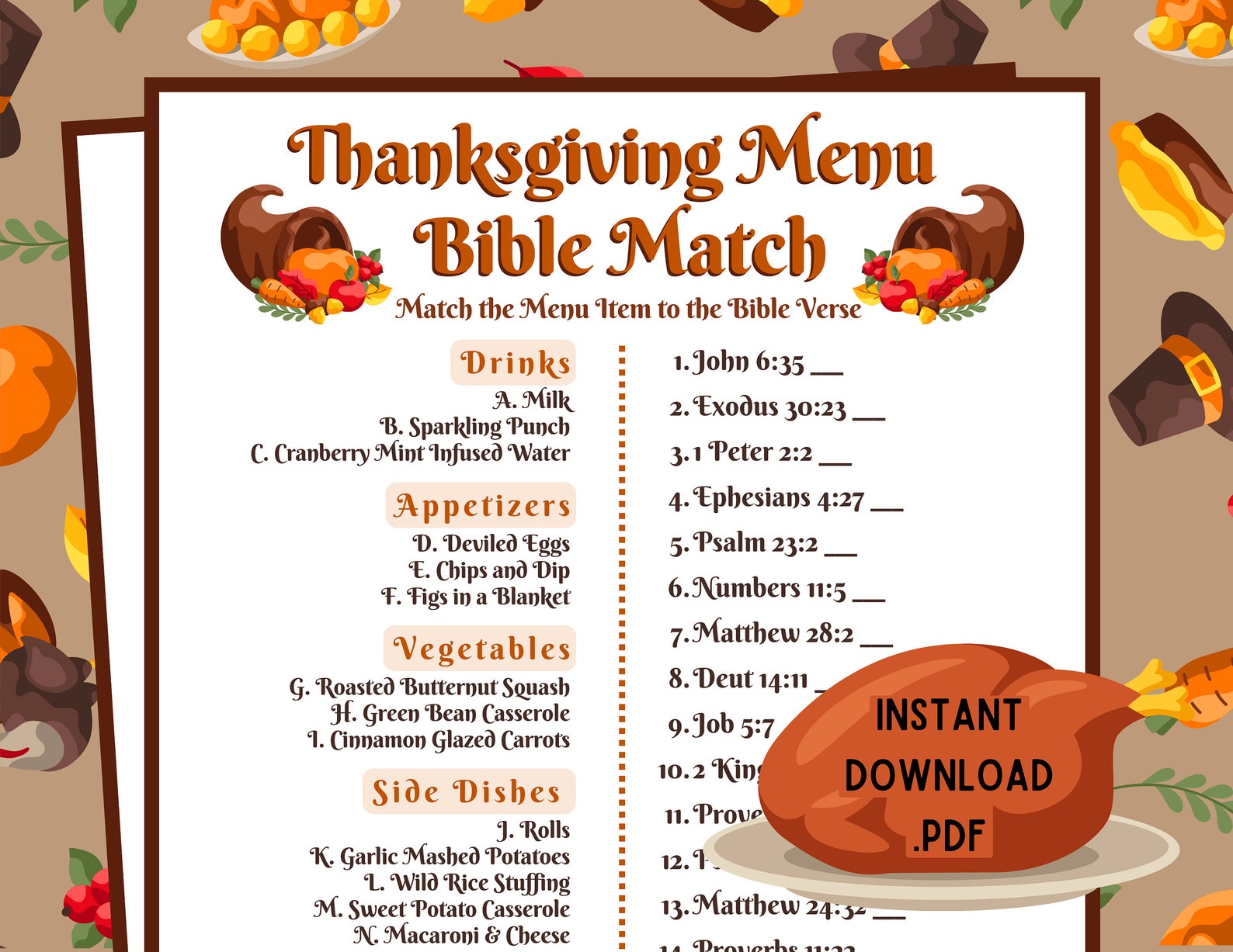 Thanksgiving Menu Bible Match Game Thanksgiving Dinner Bible - Etsy